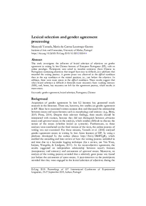 Pdf Lexical Selection And Gender Agreement Processing