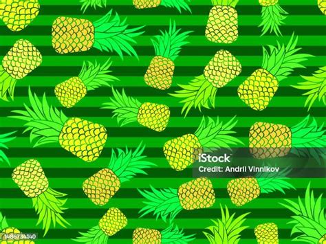 파인애플 원활한 패턴입니다 여름 과일 패턴입니다 녹색 배경에 파인애플 과일 티셔츠를 위한 트로피컬 디자인 종이와 천에 프린트