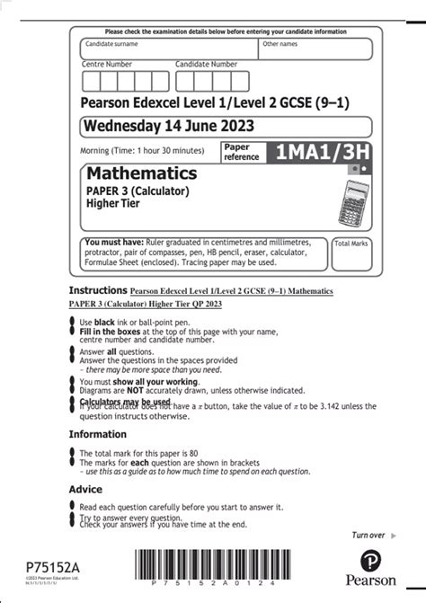 Pearson Edexcel Level 1level 2 Gcse 91 Mathematics Paper 3