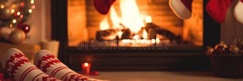 Woman Warming Her Feet By The Christmas Fireplace Stock Illustration