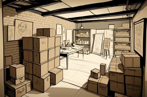 Basement Filled With Boxes And Other Storage Items With A Hand Drawn