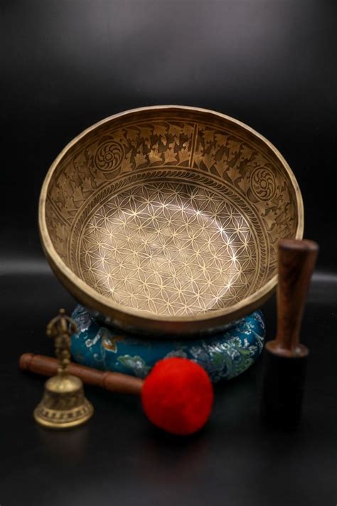 Special 12 Inches Flower Of Life Carved Singing Bowl Gorgeous Tibetan