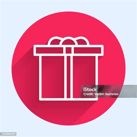 긴 그림자로 격리 된 화이트 라인 기프트 박스 아이콘 생일 축하해요 빨간색 원 버튼입니다 벡터 일러스트레이션 공휴일에 대한 스톡