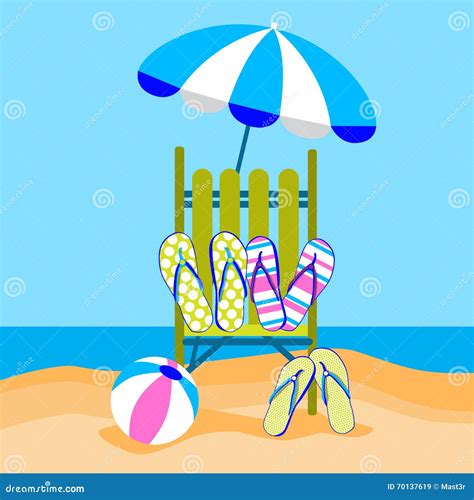 Summer Beach Vacation Sunbed With Umbrella Ball Flip Flops Sand
