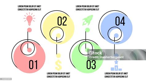 4 단계 비즈니스 프로세스 다이어그램 네 가지 옵션 벡터 인포 그래픽 템플릿 전략 또는 마케팅 계획 흐름도 다채로운 아이콘이있는