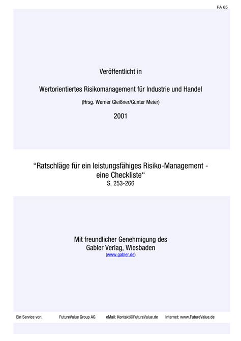 PDF Ratschläge für ein leistungsfähiges Risiko Management eine