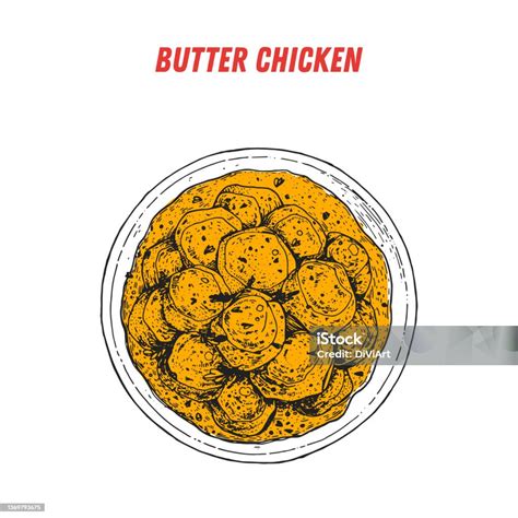 버터 치킨 스케치 인도 음식 손으로 그린 벡터 그림 치킨 카레 스케치 스타일 맨 위 보기입니다 빈티지 벡터 일러스트레이션 고기에