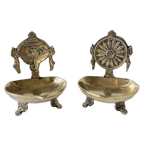 Traditional Brass Shankha Chakra Villaku Shankh And Chakra Deepam Diya