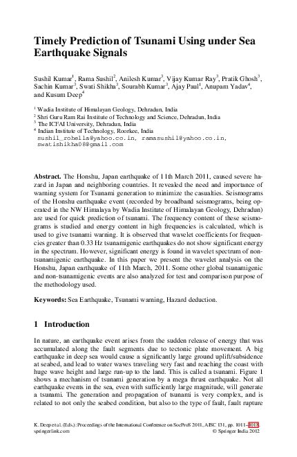 Pdf Timely Prediction Of Tsunami Using Under Sea Earthquake Signals