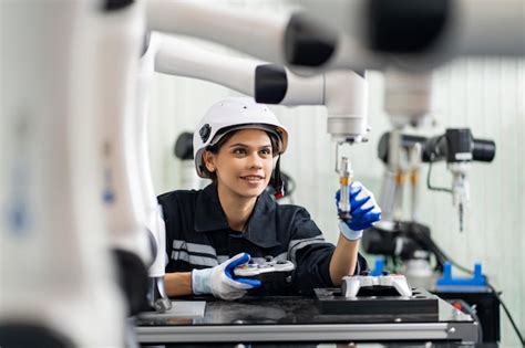 Premium Photo Female Engineer Check And Control Automation Robot Arms Machine In Intelligent