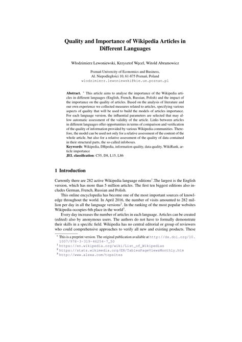 Pdf Quality And Importance Of Wikipedia Articles In Different Languages