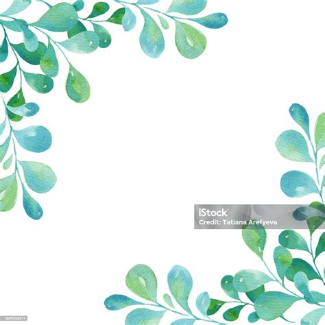 녹색과 파란색 잎이 있는 수채화 사각형 프레임 그림 스케치 녹색과 파란색 흰색 배경에 고립된 모서리 허브 장식 그라데이션 결혼식에 대한 스톡 벡터 아트 및 기타 이미지