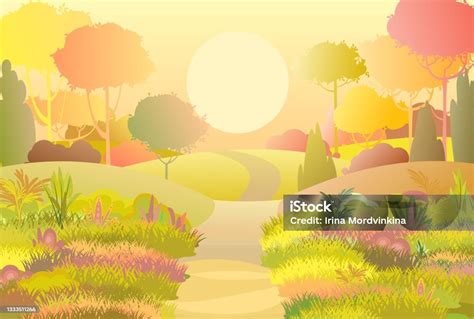 시골 길 가을 아름다운 풍경 만화 스타일 오솔길 잔디와 나무의 언덕 무성한 초원으로 가는 길 로맨틱 한 아름다움 플랫 디자인 일러스트레이션 벡터 아트 로맨스에 대한 스톡