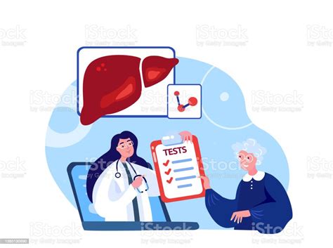 온라인 위장병 전문의 Hepatologist 의사 상담 오래 된 은퇴 한 여성 환자진단 간 장기 간 간 섬유증 간염 인터넷 치료디지털 의료 병원 진단 일러스트 간 내부