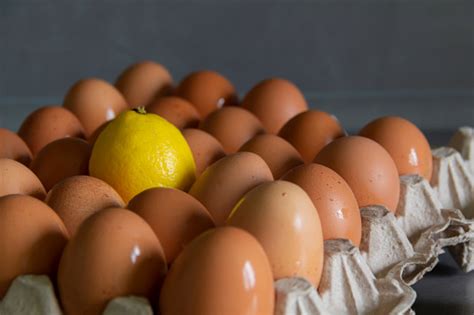 닭고기 달걀은 노란 레몬과 함께 부엌 표면의 쟁반에 놓여 있습니다 상점에서 제품 및 상품 구매 0명에 대한 스톡 사진 및 기타