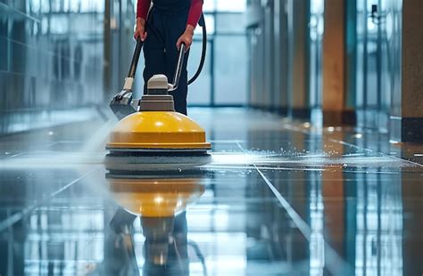 Premium Photo | Worker using a professional floor buffer machine for cleaning the floor in a ...