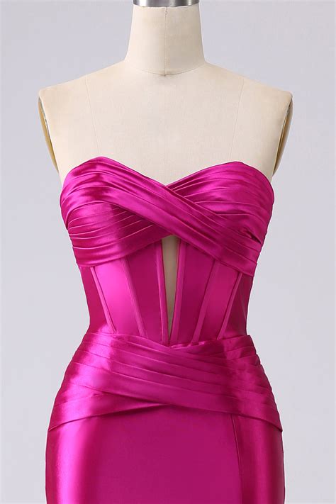 Zapakasa Women Sparkly Fuchsia Corset Prom Dress With Slit Mermaid Strapless Party Dress