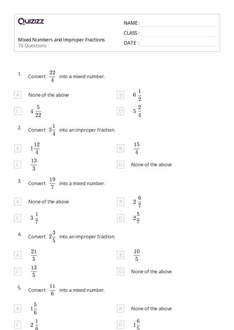 50 Mixed Numbers And Improper Fractions Worksheets For 6th Grade On
