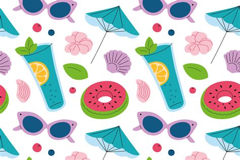 벡터 완벽 한 패턴 여름과 열대 리조트 요소 선글라스 수영 반지 비치 파라솔 열대 꽃 조개껍데기 낙서 휴가와 휴일을 위한 밝은 다채로운 배경 비치 파라솔에 대한 스톡 벡터