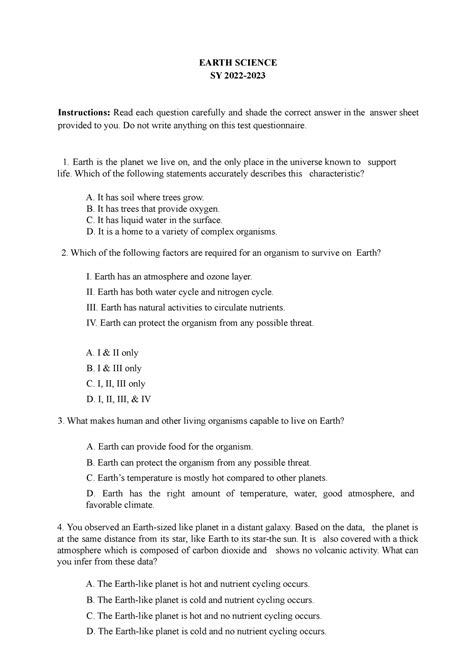 Review Test Earth Science Earth Science Sy 2022 Instructions Read