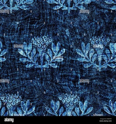 Seamless Indigo Block Print Texture On Navy Blue Woven Effect