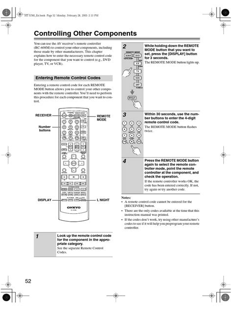 Controlling Other Components Entering Remote Control Codes Pdf Remote Control