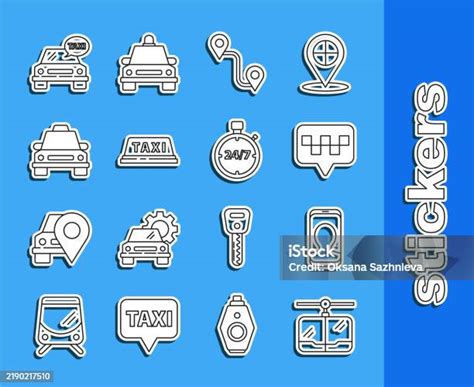 라인 케이블카 택시 호출 전화 서비스 택시가 있는 지도 포인터 경로 위치 지붕 및 스톱워치 24시간 아이콘을 설정합니다 벡터 24에 대한 스톡 벡터 아트 및 기타 이미지