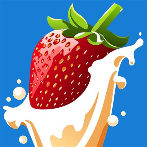 Realistic Ripe Strawberry In Splashing Milk Doodle Vector Illustration