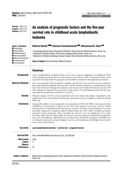 Pdf An Analysis Of Prognostic Factors And The Five Year Survival Rate