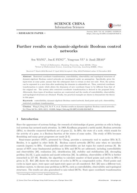 Pdf Further Results On Dynamic Algebraic Boolean Control Networks