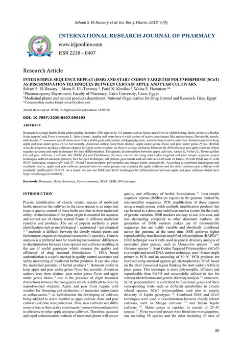 Pdf Inter Simple Sequence Repeat Issr And Start Codon Targeted Polymorphism Scot As