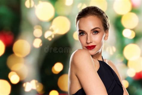 Beautiful Woman In Black Over Dark Background Stock Image Image Of