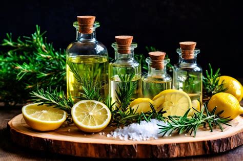 Essential Camomile Oil In Glass Bottle With Fresh Chamomile Flowers