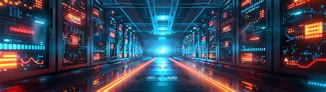 Futuristic Server Room With Vibrant Lights Showcasing Advanced Technology And High Speed Data