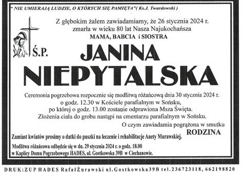 ŚP JANINA NIEPYTALSKA nekrolog