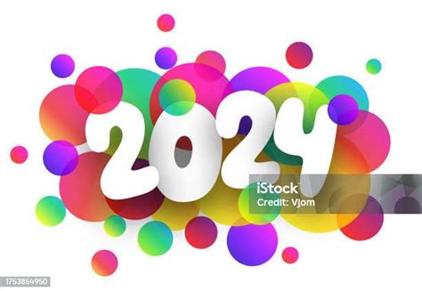 2024년 새해 복 많이 받으세요 흰색으로 분리된 다채로운 그라데이션 원형 색종이에 글자가 새겨져 있습니다 스펙트럼에 대한 스톡