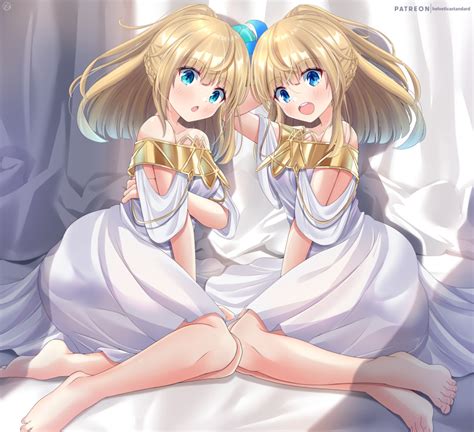Safebooru 2girls Arm Behind Head Bare Legs Bare Shoulders Barefoot Blonde Hair Blue Eyes Braid