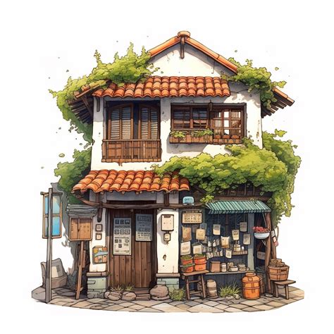 土壁二階のお店のエントランス 玄関 イラスト お店 イラスト 水彩風景