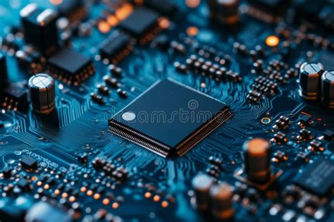 Microchip On Blue Circuit Board With Neon Lights Artificial Intelligence Image Stock