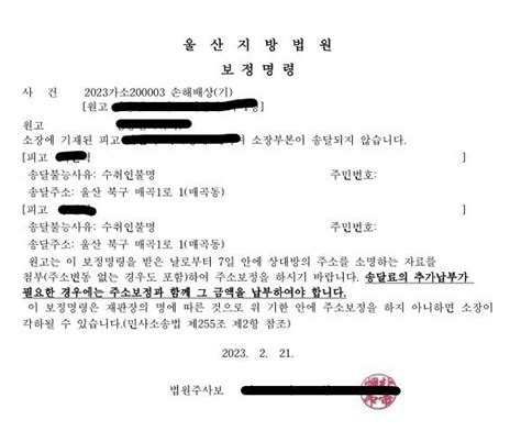 나홀로민사소송 주소보정명령등본 문의 지식in