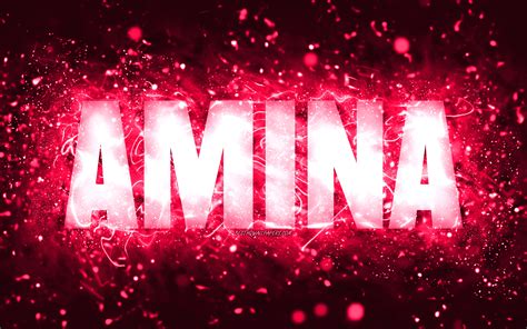 Herunterladen Hintergrundbild Alles Gute Zum Geburtstag Amina 4k Rosa Neonlichter Amina Name