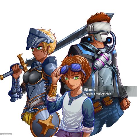 여기 세 명의 멋진 병사들 소년들은 선글라스 검 및 산소 마스크를 착용합니다 가공의 인물에 대한 스톡 벡터 아트 및 기타 이미지 가공의 인물 개성 개념 검 Istock