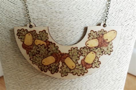 Pyrography Oak Leaf And Acorn Wooden Pendant Etsy