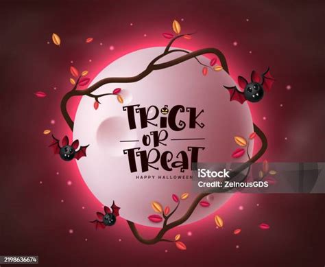 트릭 오어 트릿 인사말 벡터 디자인 Trick Or Treat 인사말 텍스트 소름 끼치는 밤 보름달 붉은 하늘 배경 가득 찬에 대한 스톡 벡터 아트 및 기타 이미지 Istock