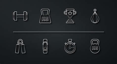 세트 라인 아령 스포츠 익스팬더 펀칭 백 스톱워치 스마트워치 웨이트 케틀벨 어워드 컵 아이콘 벡터 건강한 생활방식에 대한 스톡 벡터 아트 및 기타 이미지 Istock