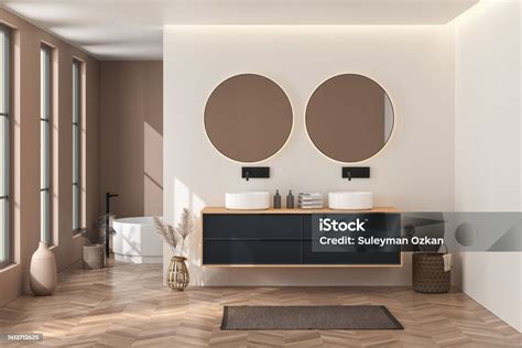 나무 캐비닛 더블 싱크대 흰색 욕조가있는 밝은 욕실 인테리어 0명에 대한 스톡 사진 및 기타 이미지 0명 3차원 형태 가구 Istock