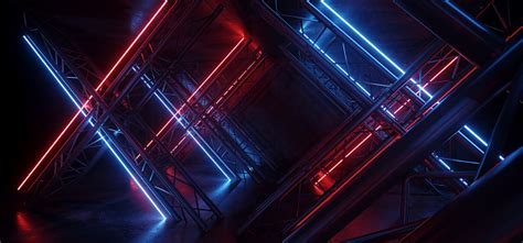 네온 빛나는 보라색 블루 활기찬 공상 과학 소설 미래 단계 연단 건설 금속 삼각형 콘크리트 그런지 반사 어두운 밤 가상 쇼 배경 레이저 터널 복도 3d 렌더링 0명에 대한