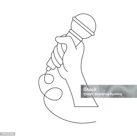 마이크를 잡고 있는 손 연속 선형 드로잉 유선 동적 마이크 최소한의 선형 설계 블랙 라인 아트 노래방의 개념 또는 스피커의 성능 드로잉에 대한 스톡 벡터 아트 및 기타