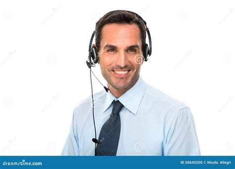 Man With Headset Working As A Call Center Operator Stock Photo Image