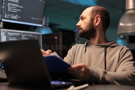 Web Developer Analyzing Source Code With Papers Stock Image Image Of